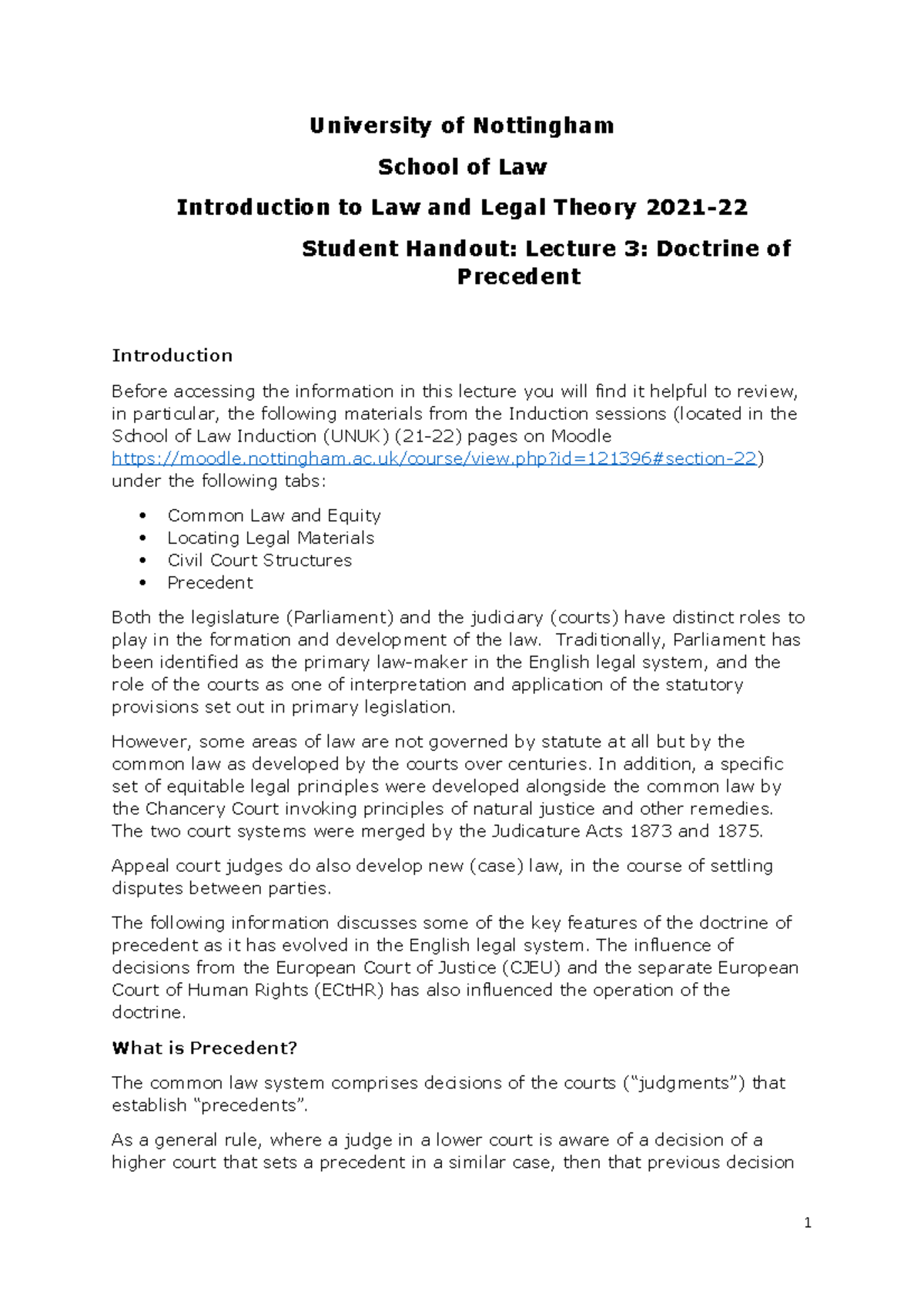 ILLT Lecture 3 Judicial Precedent Student Handout - University of ...