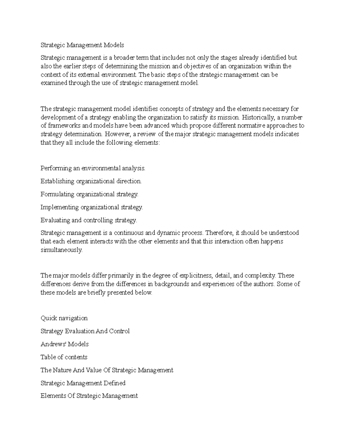 Strategic Management Models - Strategic Management Models Strategic ...