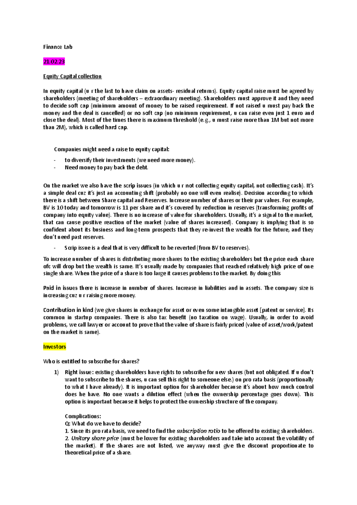 Finance Lab - Finance Lab 21. Equity Capital collection In equity ...