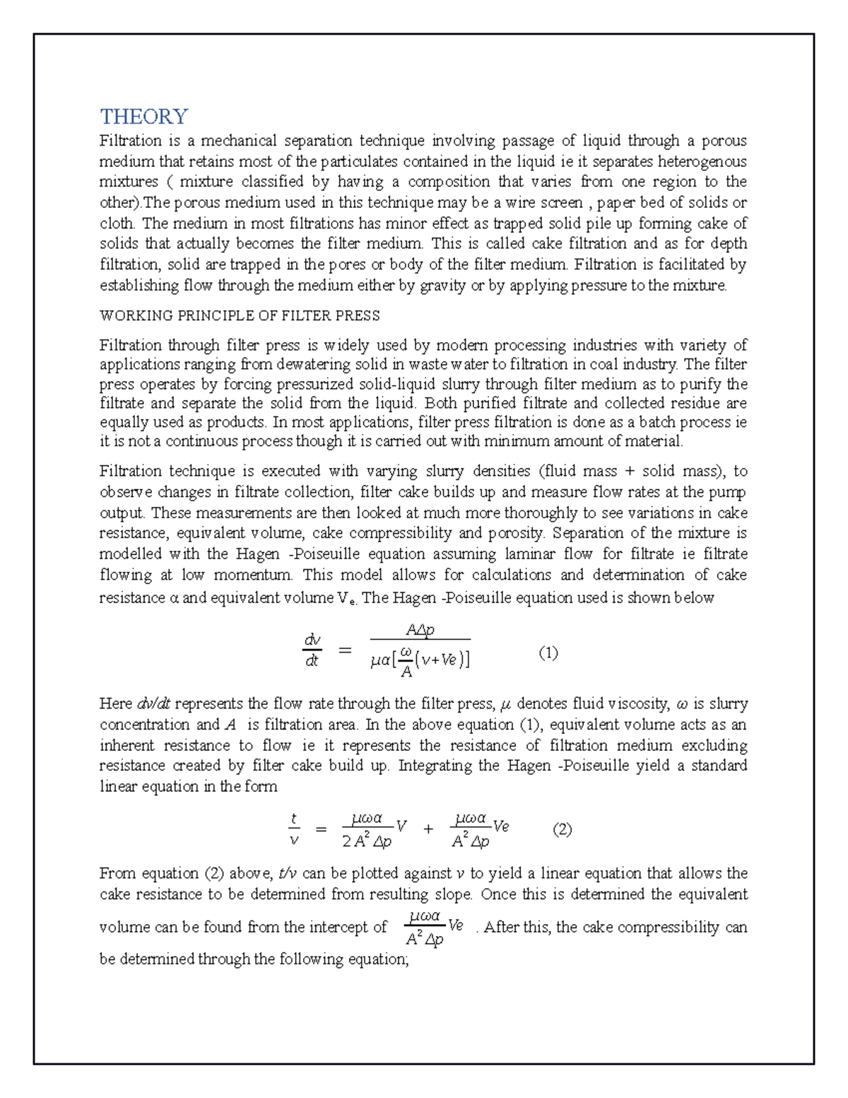 Filtration Report - THEORY Filtration is a mechanical separation ...