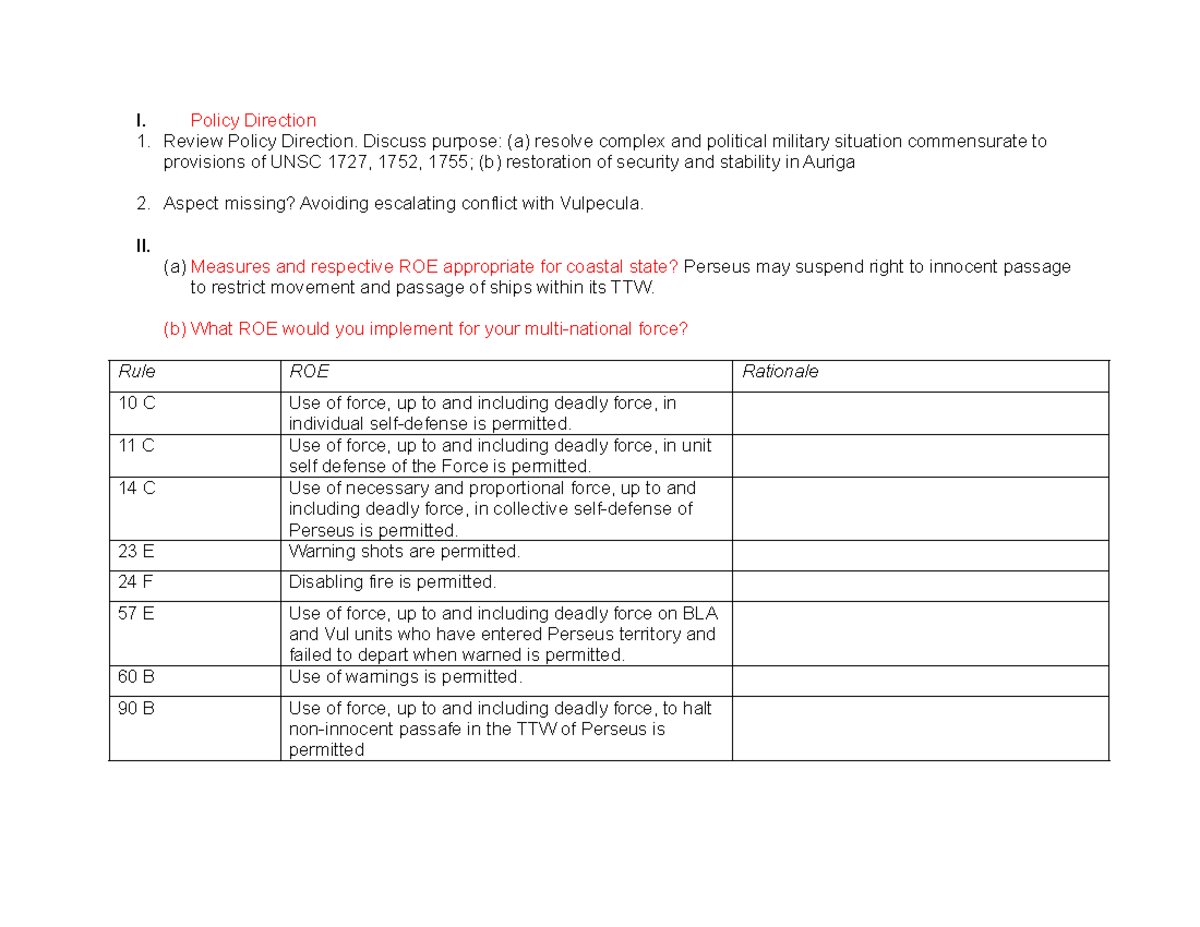 ROE 2 copy - ROE - I. Policy Direction Review Policy Direction. Discuss ...