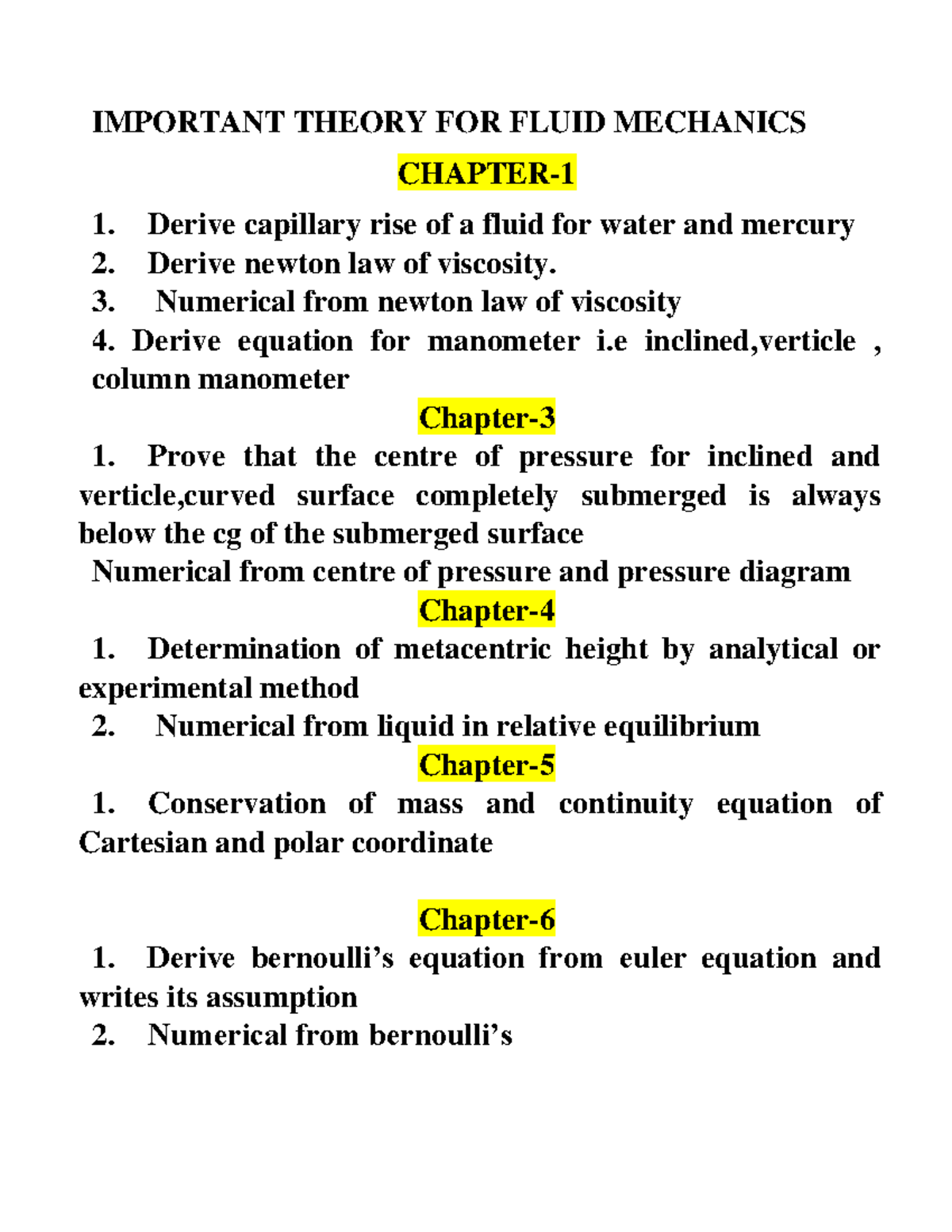 Important Theory FOR Fluid Mechanics - IMPORTANT THEORY FOR FLUID ...