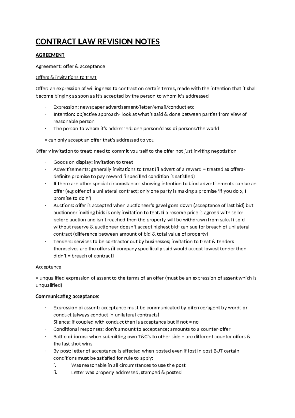 Contract LAW Revision Notes - CONTRACT LAW REVISION NOTES AGREEMENT ...
