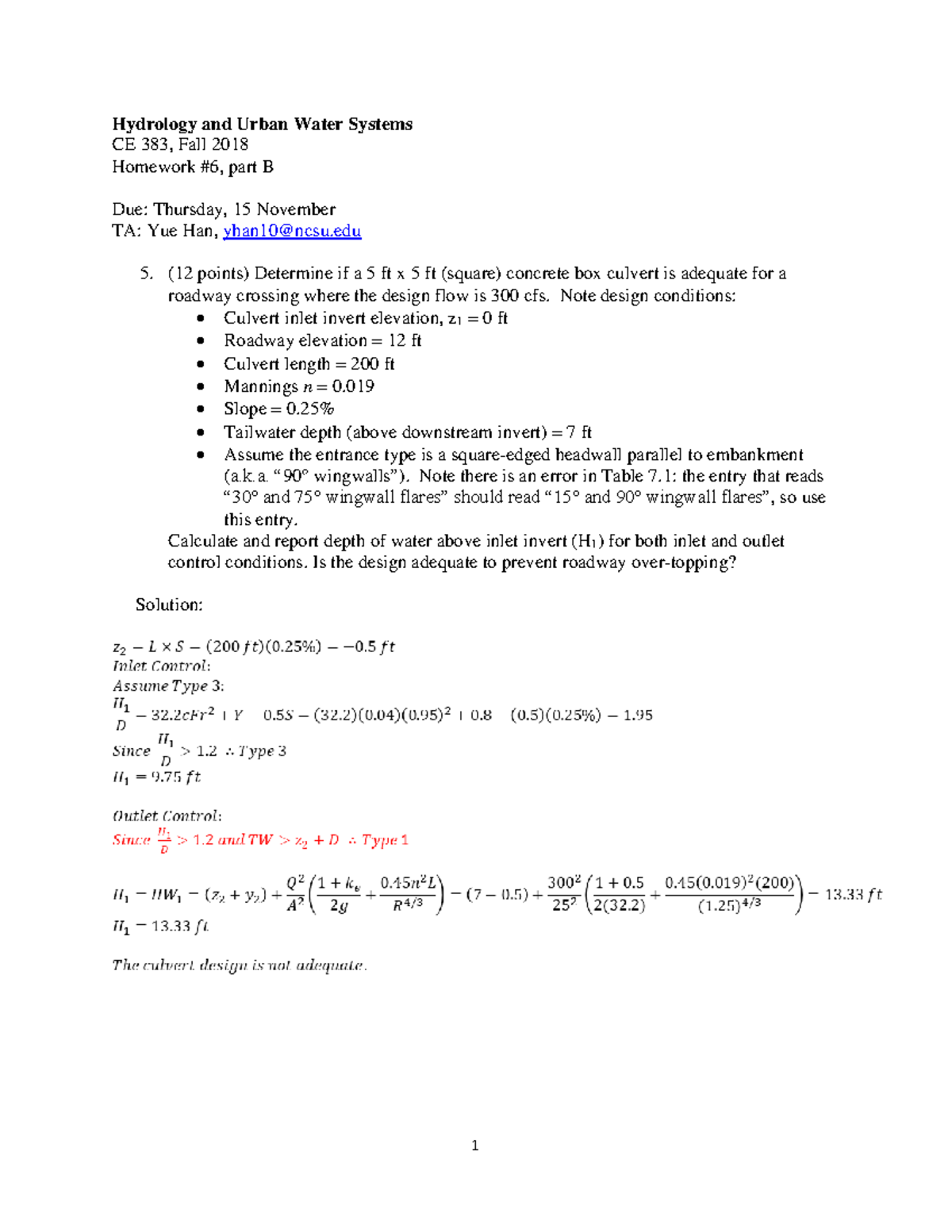 CE 383 HW6B Solution 3 - HW 6B - Hydrology and Urban Water Systems CE ...