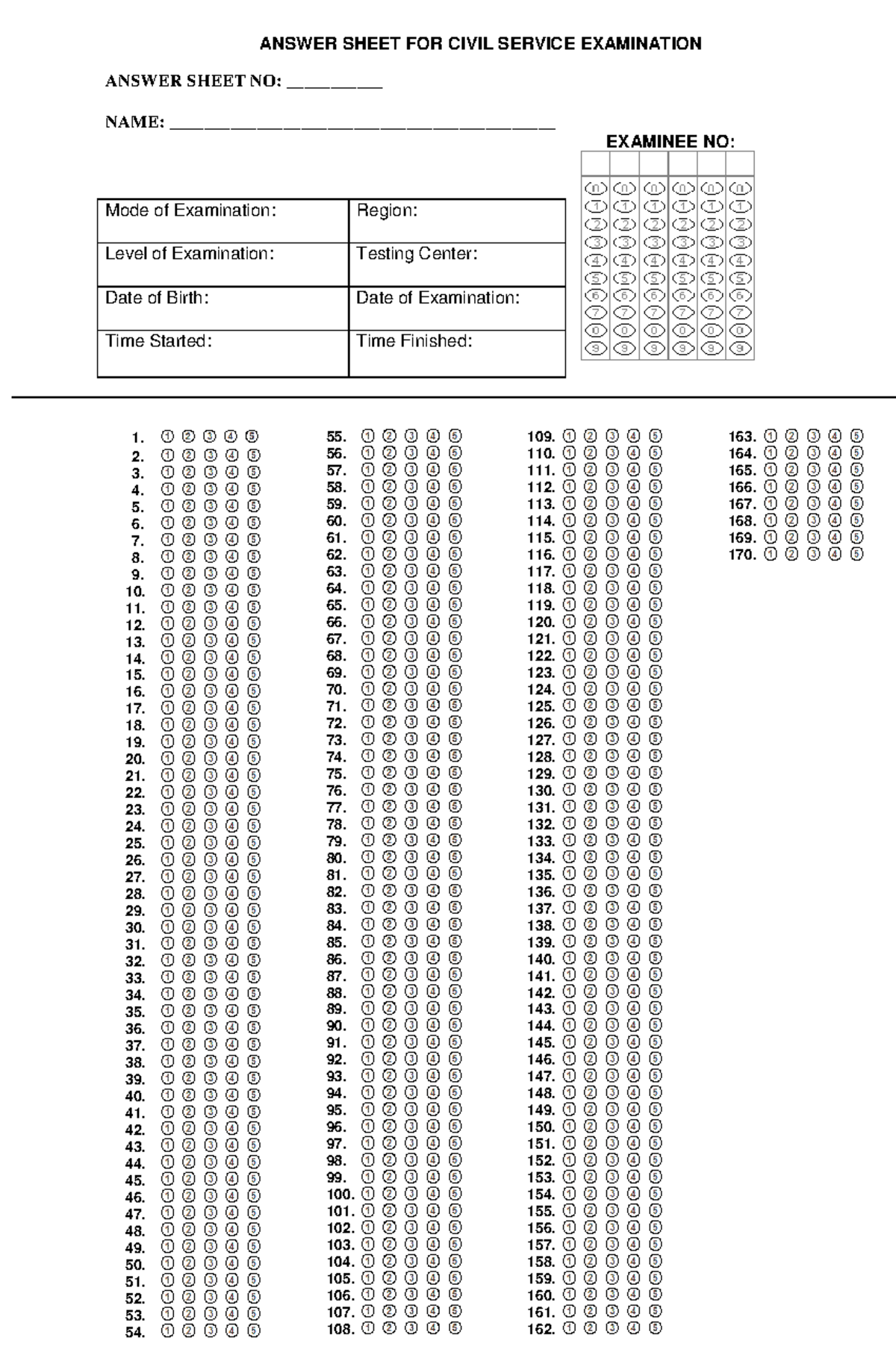 Pdfcoffee Civil Service Examination Sample Answer Sheet You May Use