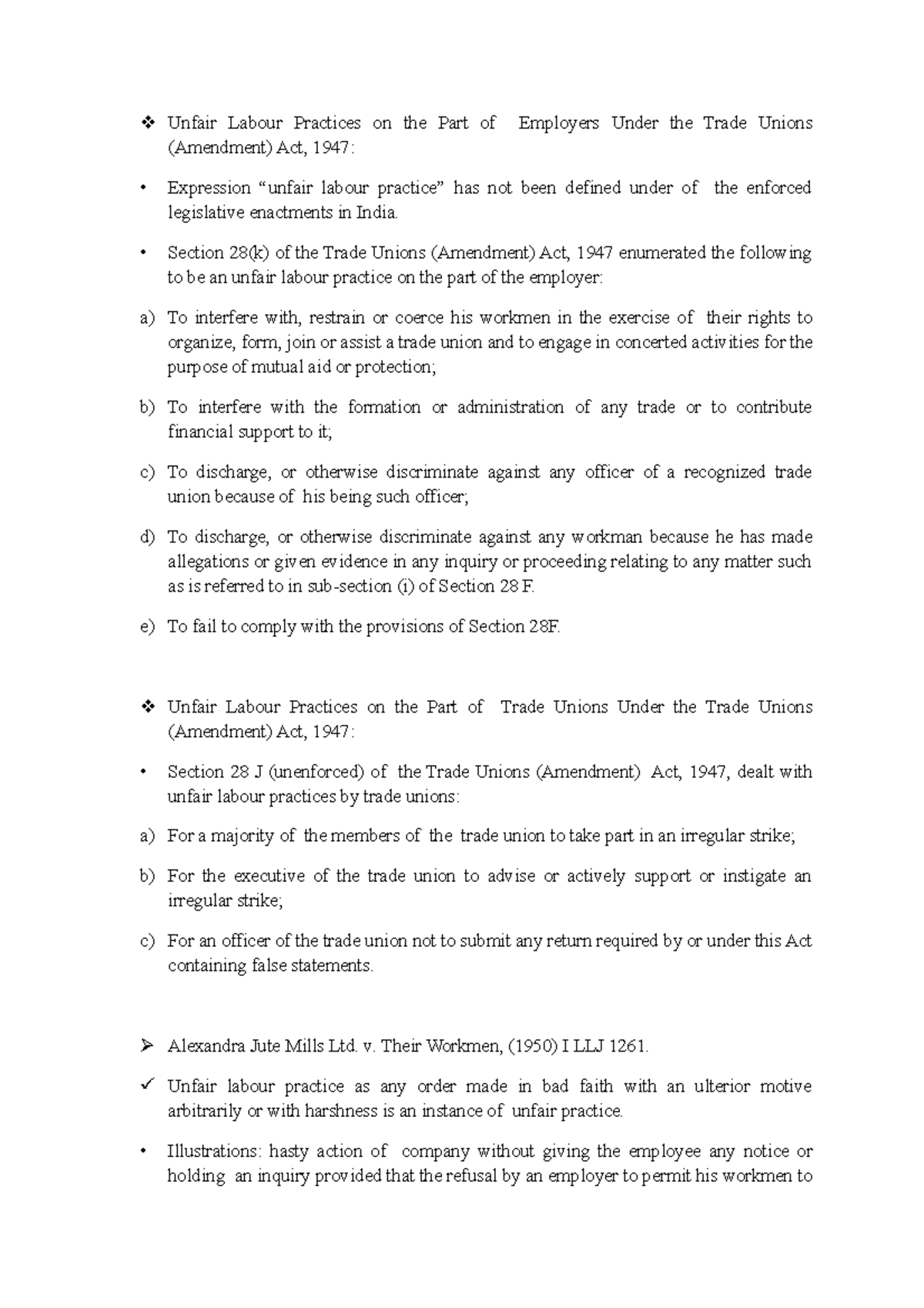 Unfair Labour Practices on the Part of Employers Under the Trade Unions ...