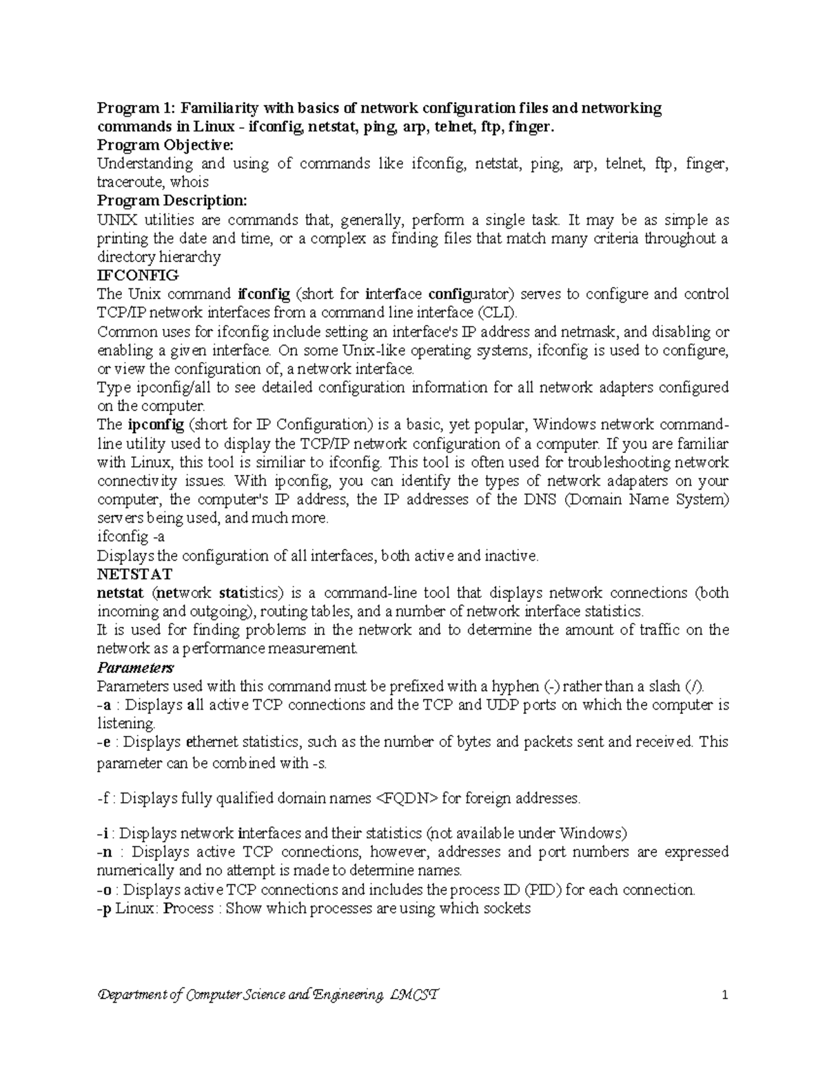 Familiarisation - network lab material - Program 1: Familiarity with basics of network ...