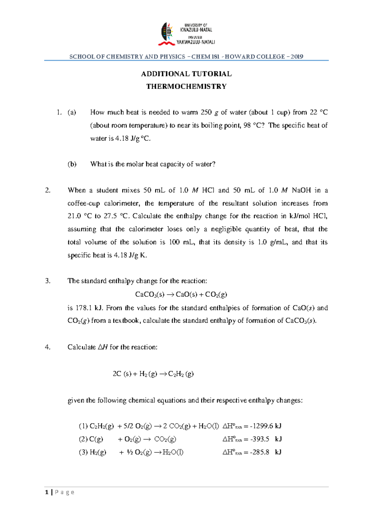 Chem 181 - Additional Tutorial - Thermochemistry - SCHOOL OF CHEMISTRY AND PHYSICS – CHEM 181 ...