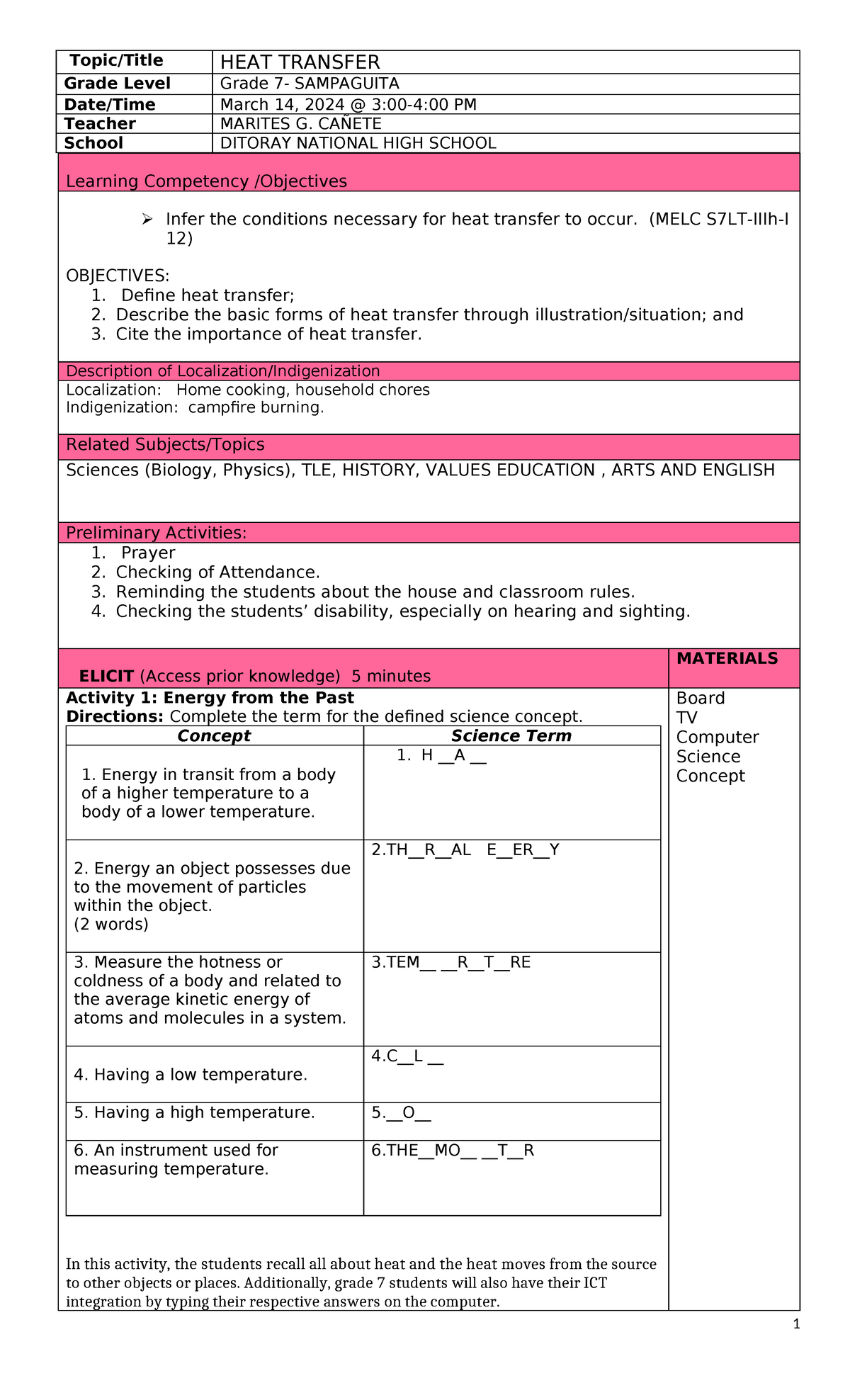 Cot grade 7 heat transfer (Autosaved) - Topic/Title HEAT TRANSFER Grade ...