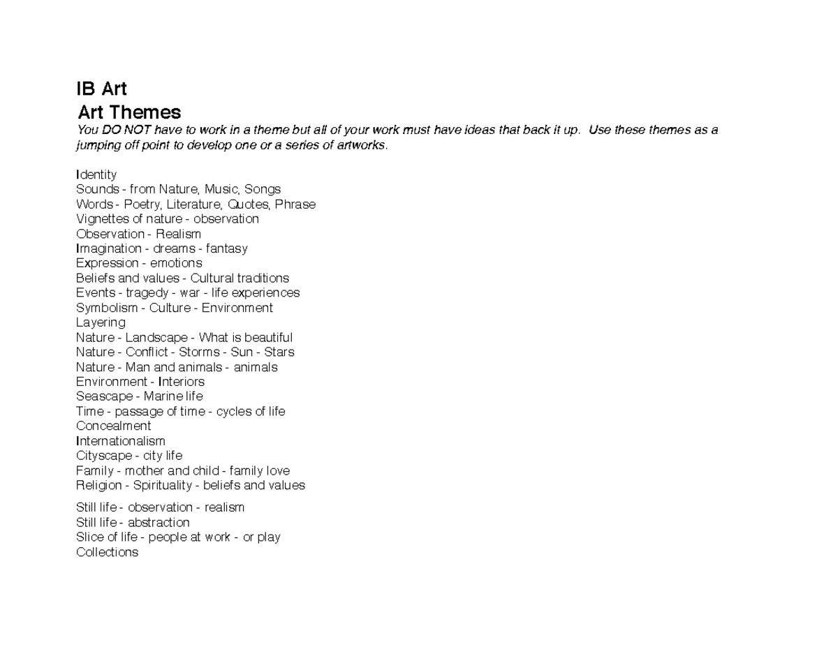 ART Themes for IB ART - IB Art Art Themes You DO NOT have to work in a ...