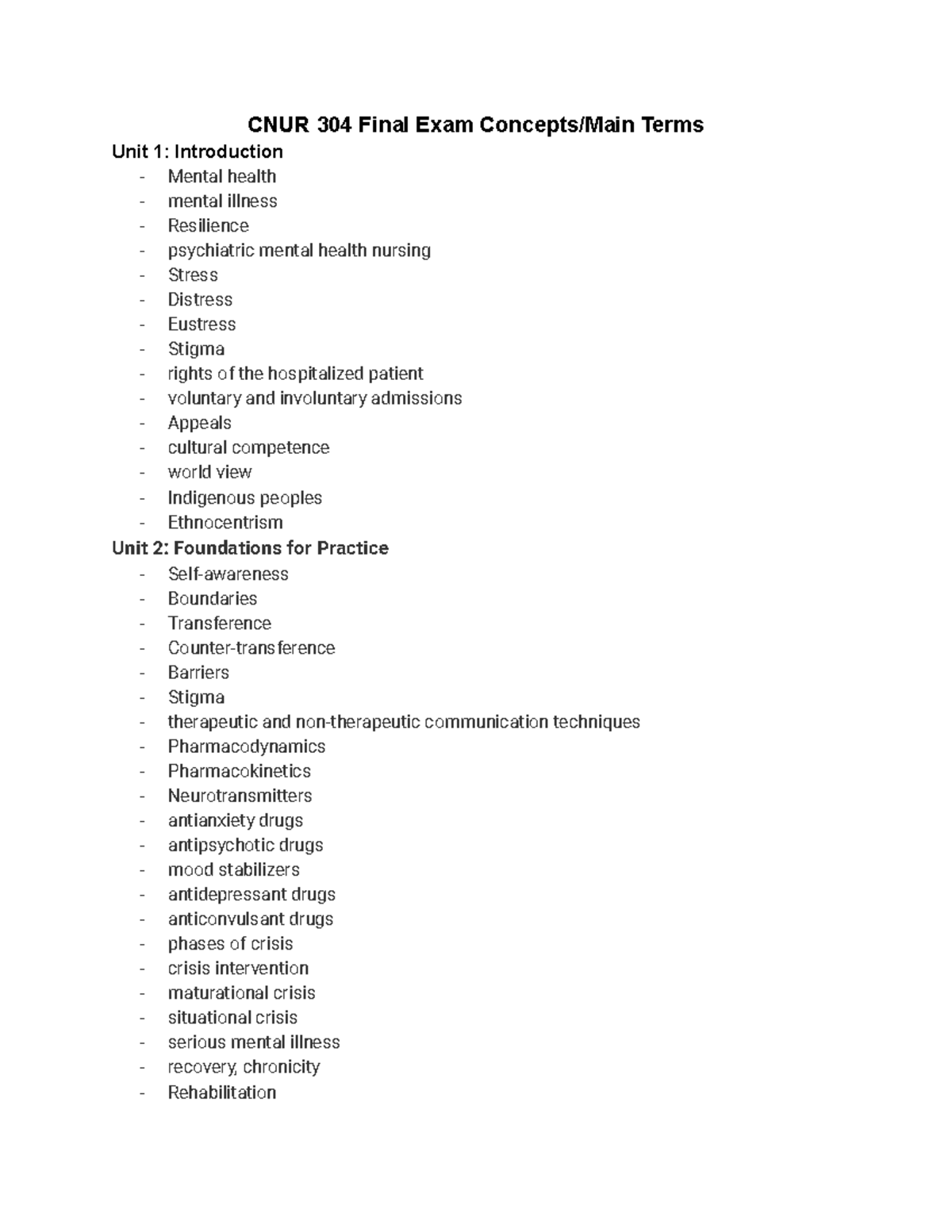 Final Exam Main Concepts and Terms List - CNUR 304 Final Exam Concepts ...