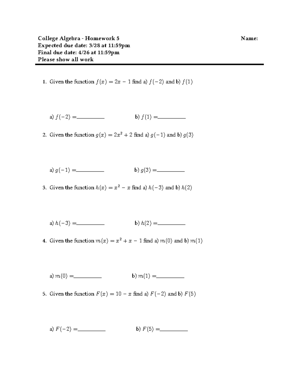 Math Algebra Homework 5 - Functions and Slope Problems - College ...