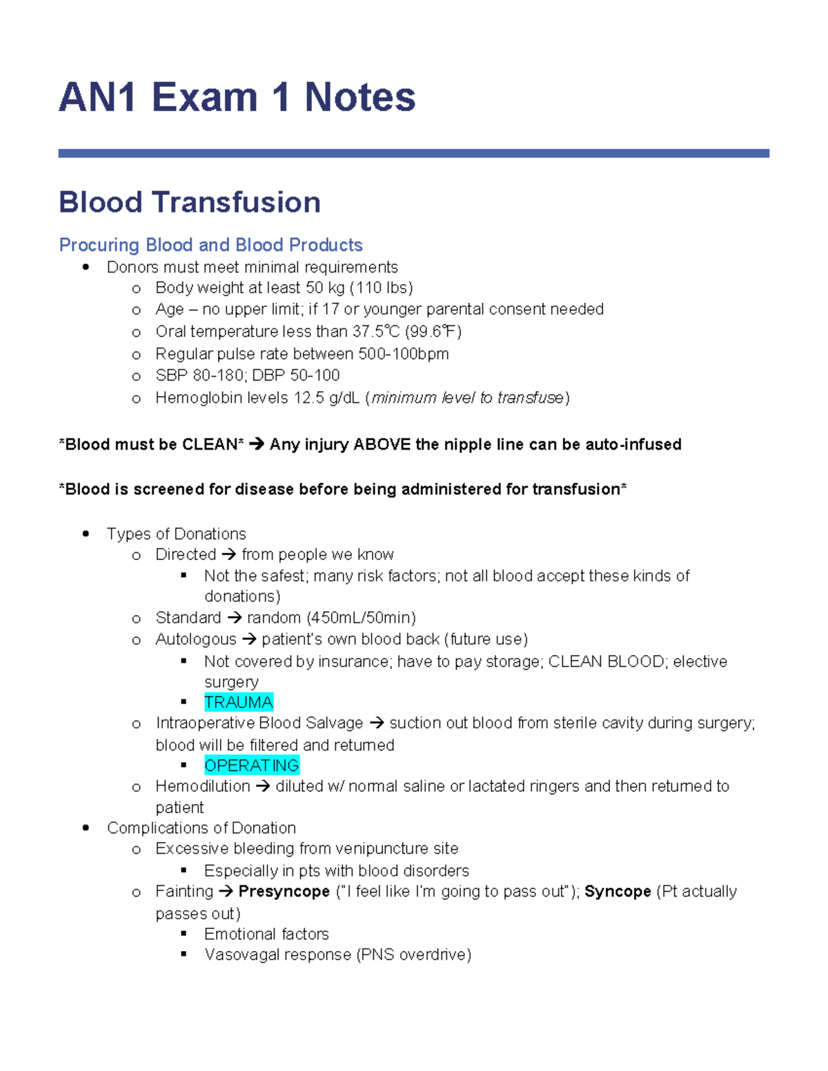 AN1 Exam 1 Notes - AN1 Exam 1 Notes Blood Transfusion Procuring Blood ...