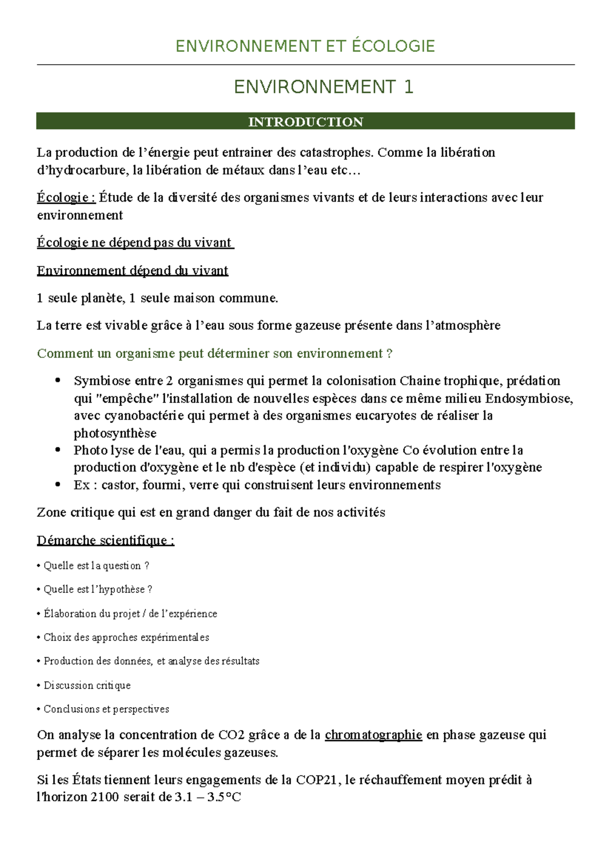 Cours EE - ENVIRONNEMENT ET ÉCOLOGIE ENVIRONNEMENT 1 INTRODUCTION La ...