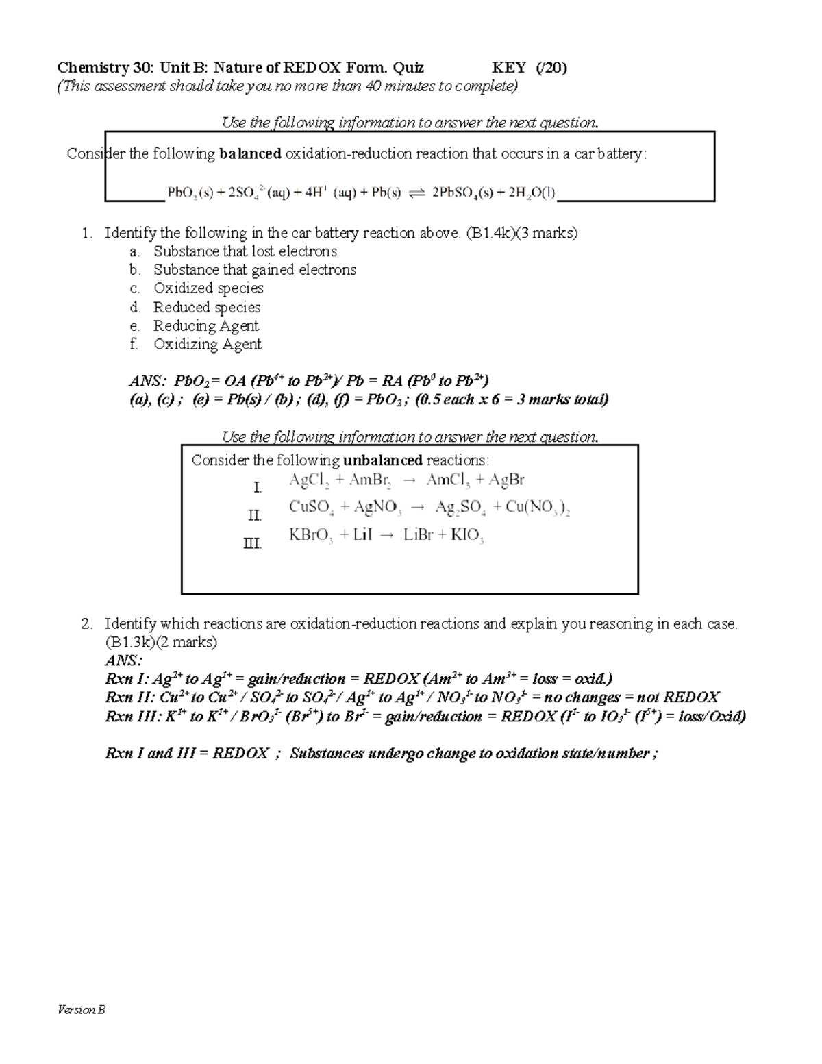 C30.UB.GLO1.Nature of Redox Form. Quiz ver B - Chemistry 30: Unit B ...