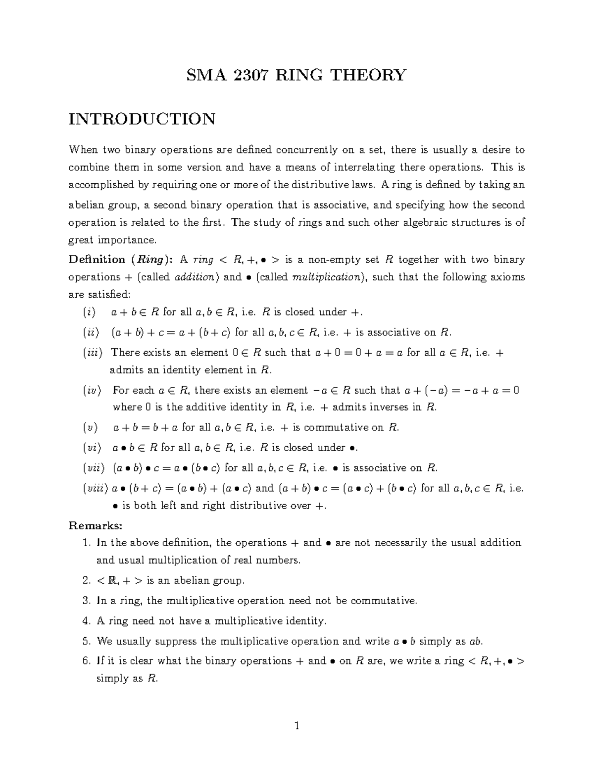 SMA 2307 Ring Theory Notes - SMA 2307 RING THEORY INTRODUCTION When two ...