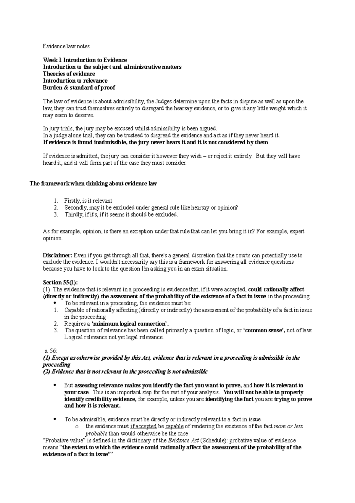 Evidence law notes - Evidence law notes Week 1 Introduction to Evidence ...