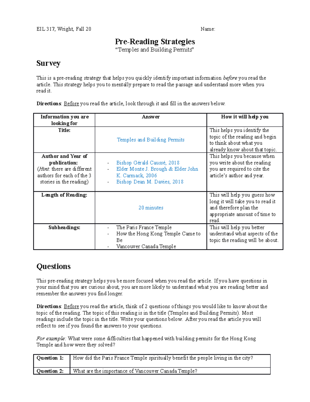 Temples Survey and Question Pre-Reading - EIL 317, Wright, Fall 20 Name ...