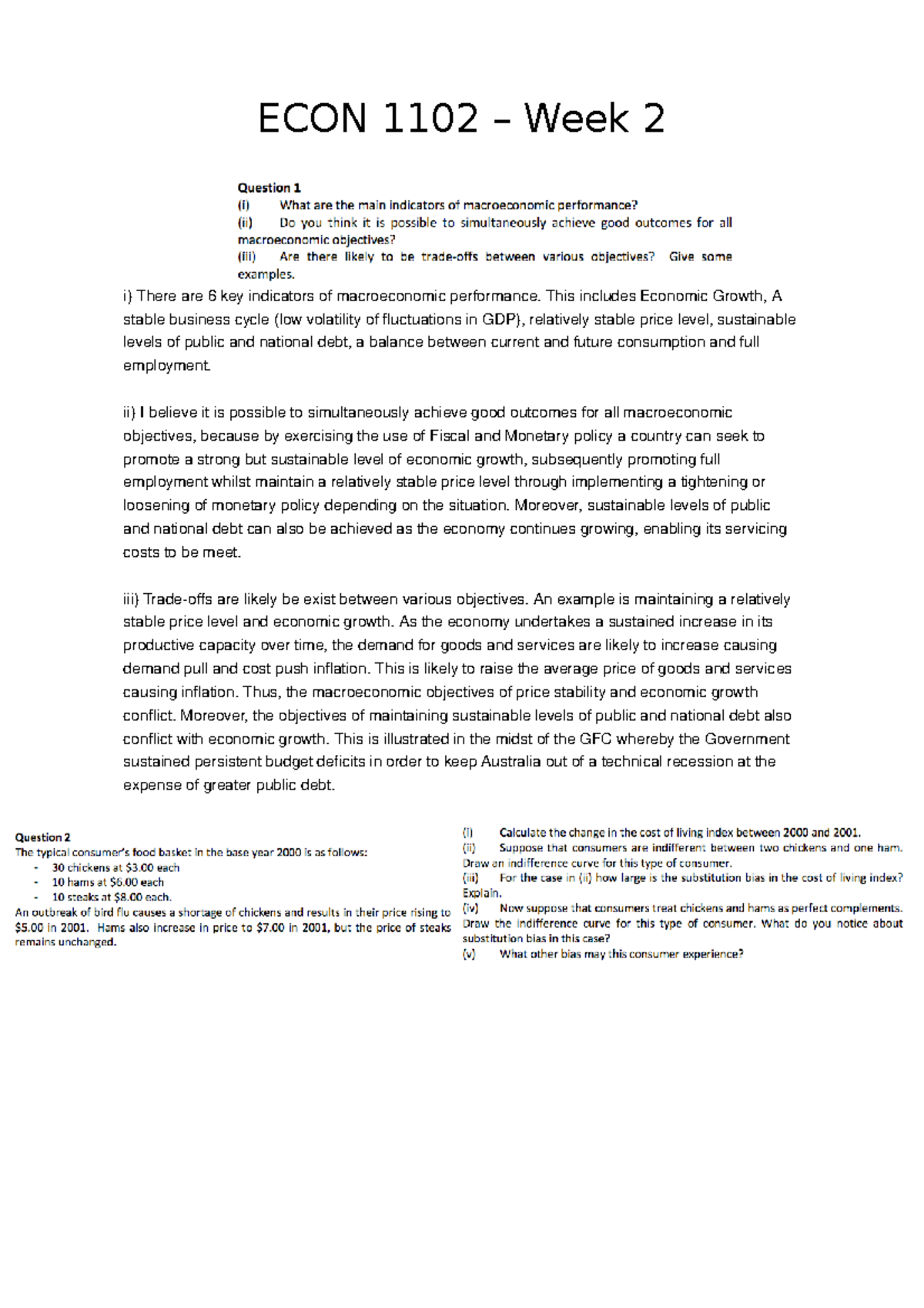 ECON 1102 – Week 2 Tutorial Homework - ECON 1102 – Week 2 i) There are ...