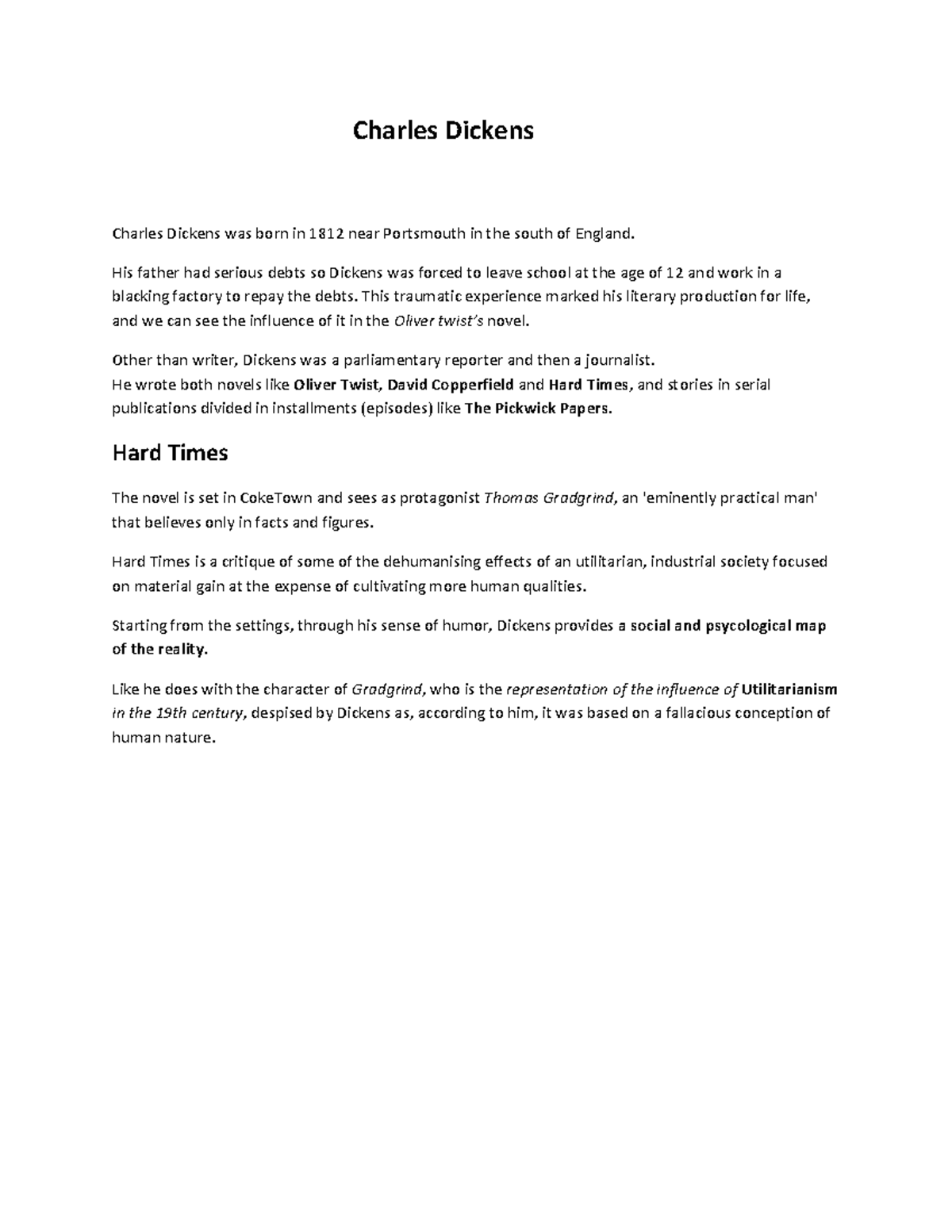 Charles Dickens and Hard Times - Charles Dickens Charles Dickens was ...