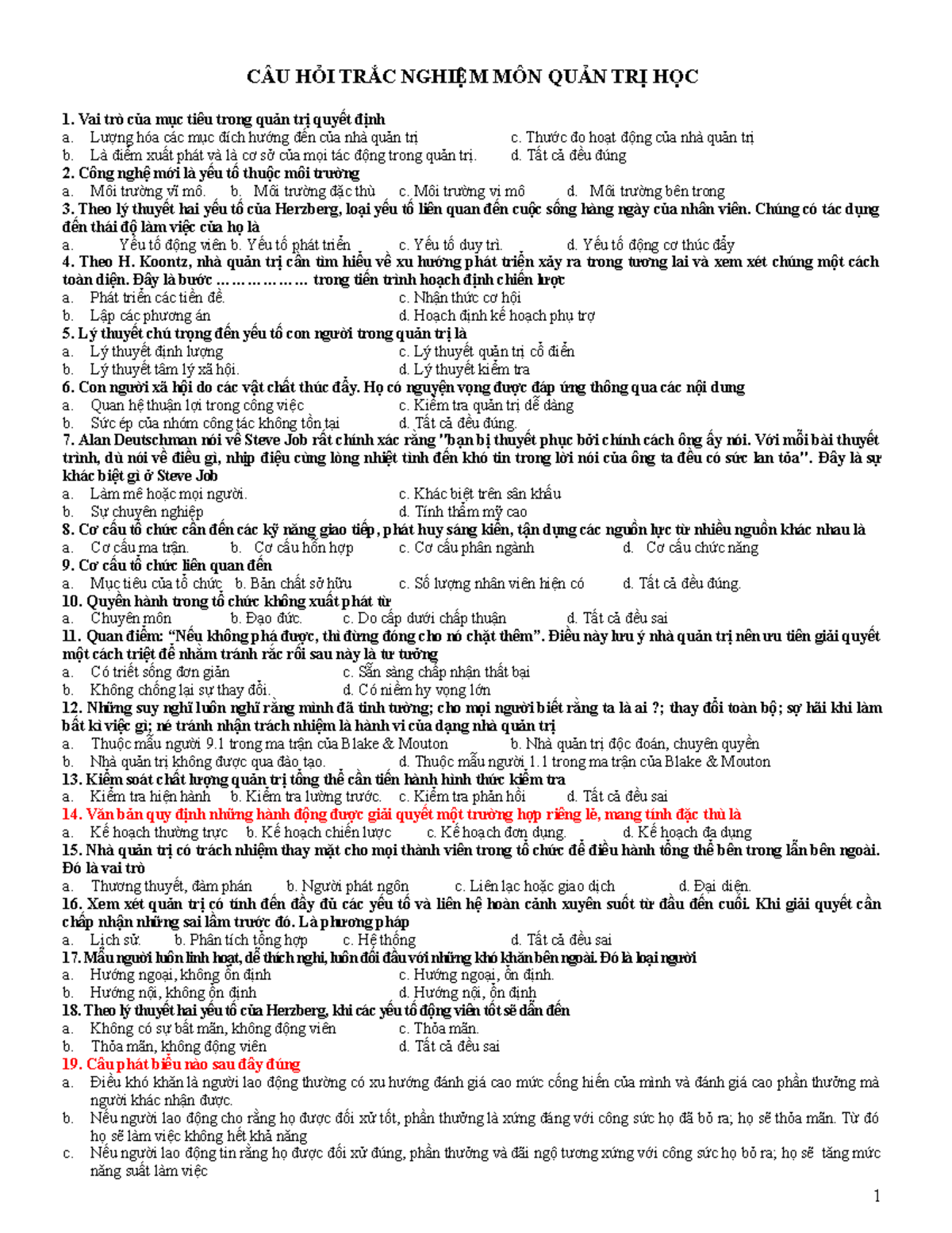 CAU HI TRC Nghim MON QUN TR HC - CÂU HỎI TRẮC NGHIỆM MÔN QUẢN TRỊ HỌC ...