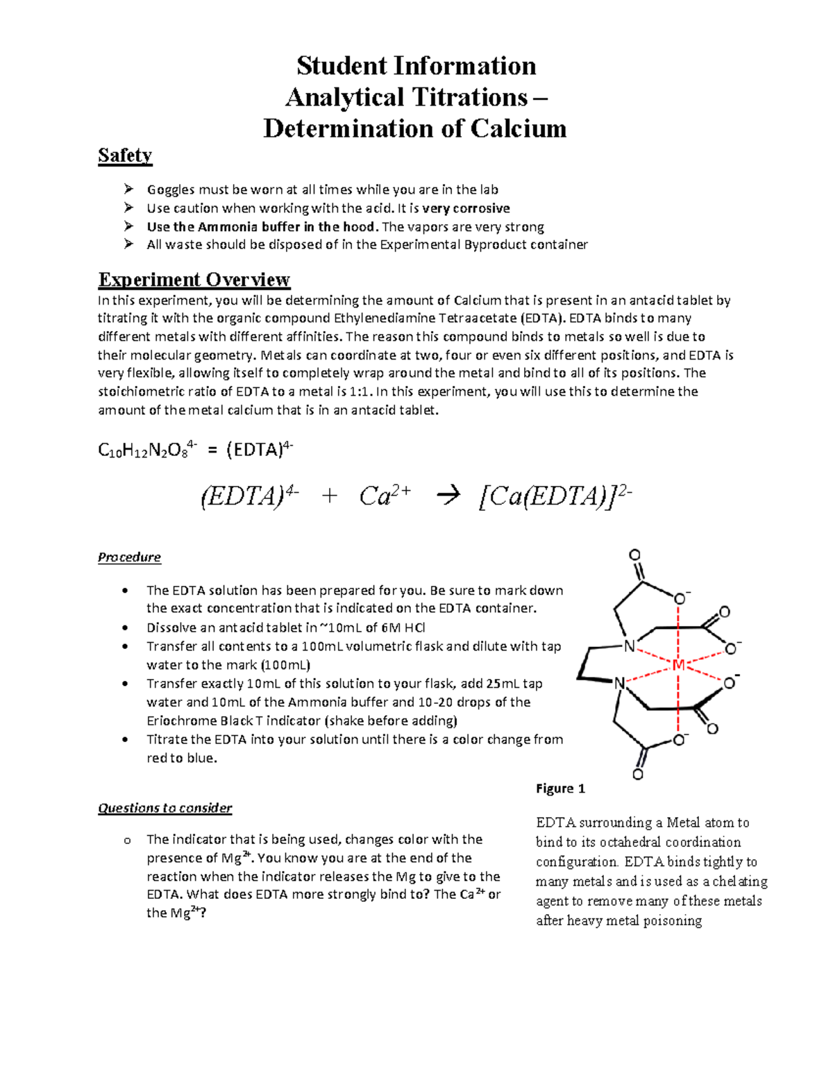 Experiment 13 Calcium - Student Information Analytical Titrations ...