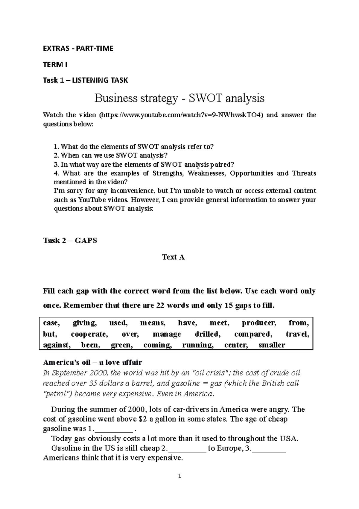 SWOT analysis - EXTRAS - PART-TIME TERM I Task 1 – LISTENING TASK ...