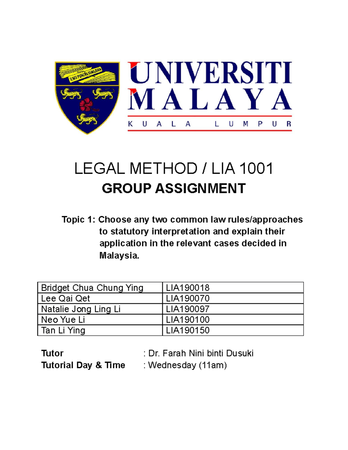 Legal Method Group Assignment - LEGAL METHOD / LIA 1001 GROUP ...