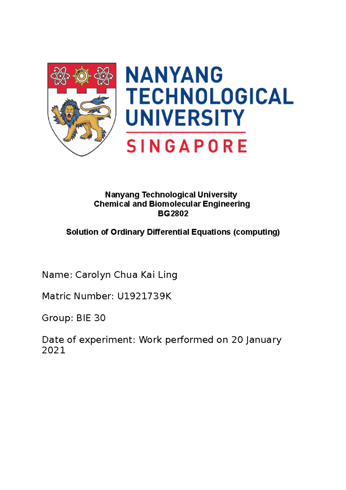 Lab report- solution of ordinary differential equation - Nanyang ...