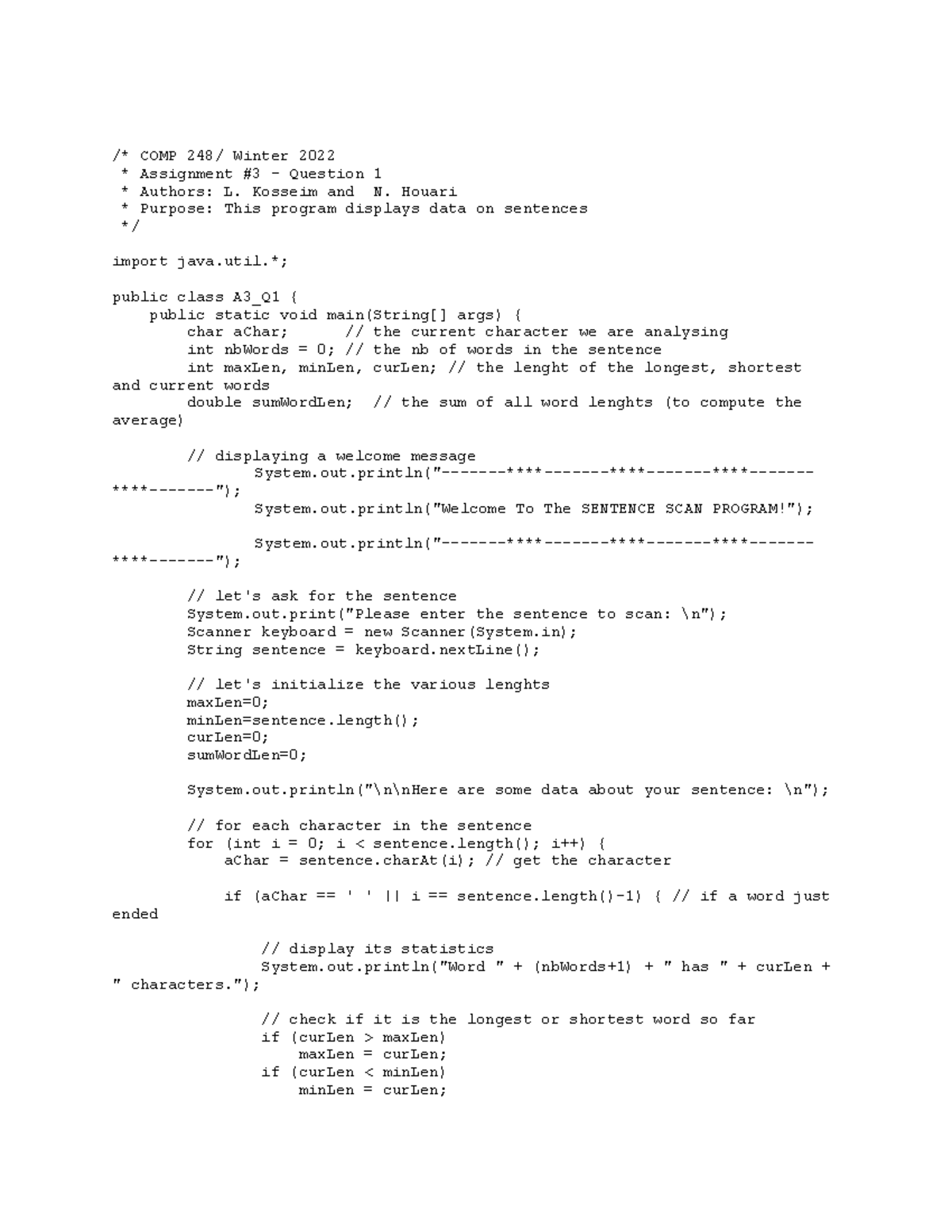 Assignment 3 Question 1 Solutions - /* COMP 248/ Winter 2022 Assignment ...