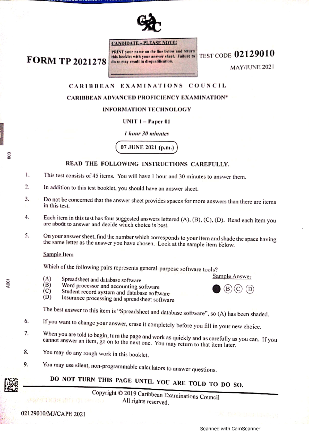 Unit 1 IT June 2021 Paper 1 - Blank - School Based Model - Studocu