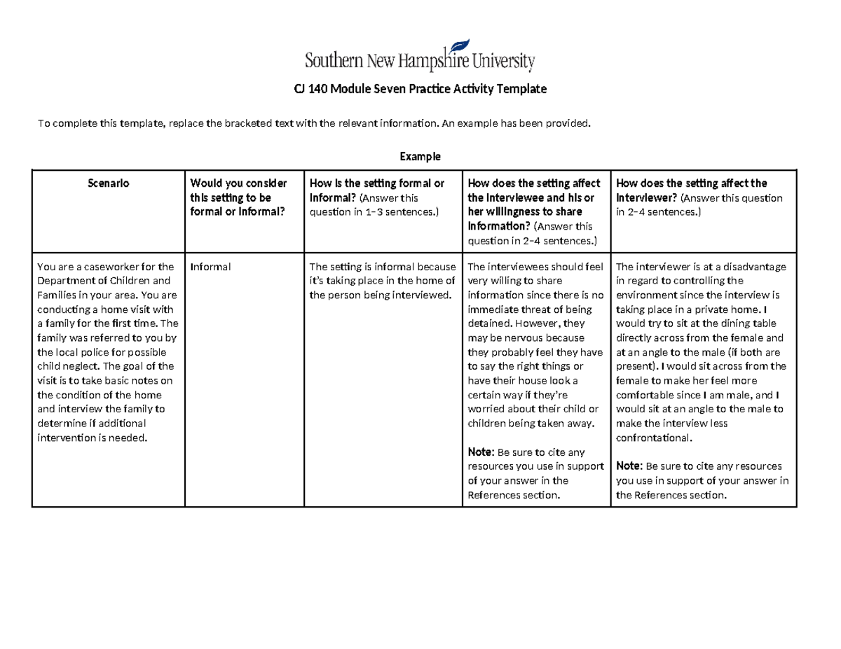 CJ 140 Module Seven Practice Activity - An example has been provided ...
