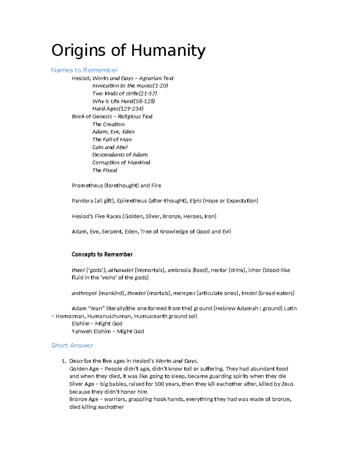 Origins of Humanit 1 - Worksheet - Origins of Humanity Names to ...