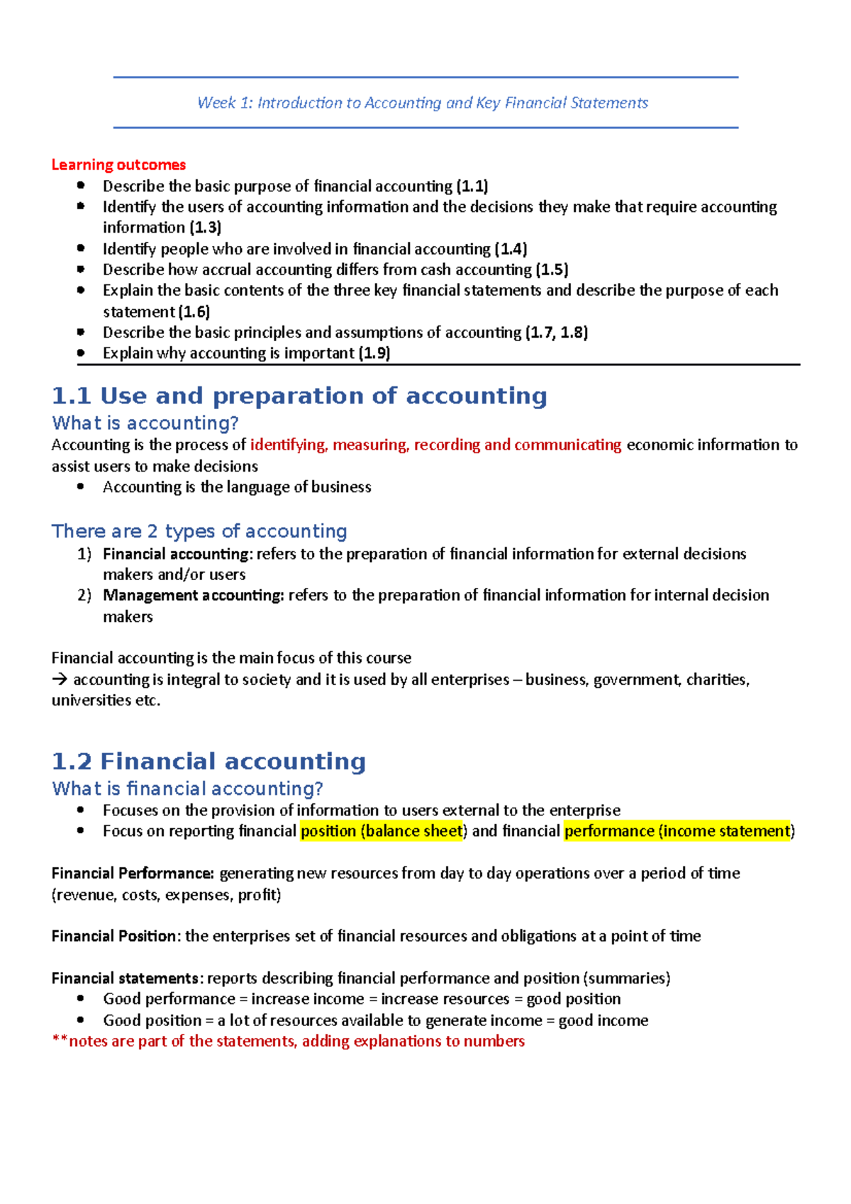 ACCT1501-JANE - notes for acct1501 - Week 1: Introduction to Accounting ...
