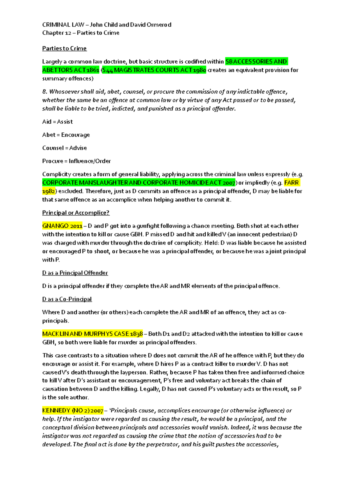 Criminal Law Chapter 12 Parties to Crime Notes - Chapter 12 – Parties ...