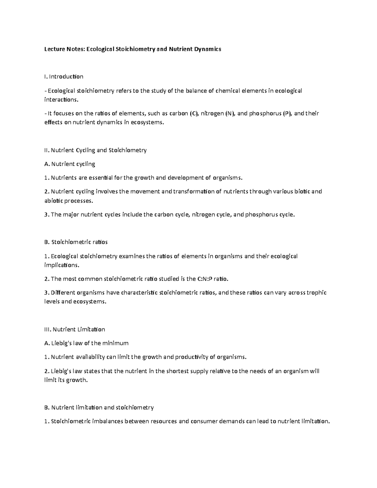 Ecological Stoichiometry and Nutrient Dynamics - Introduction ...