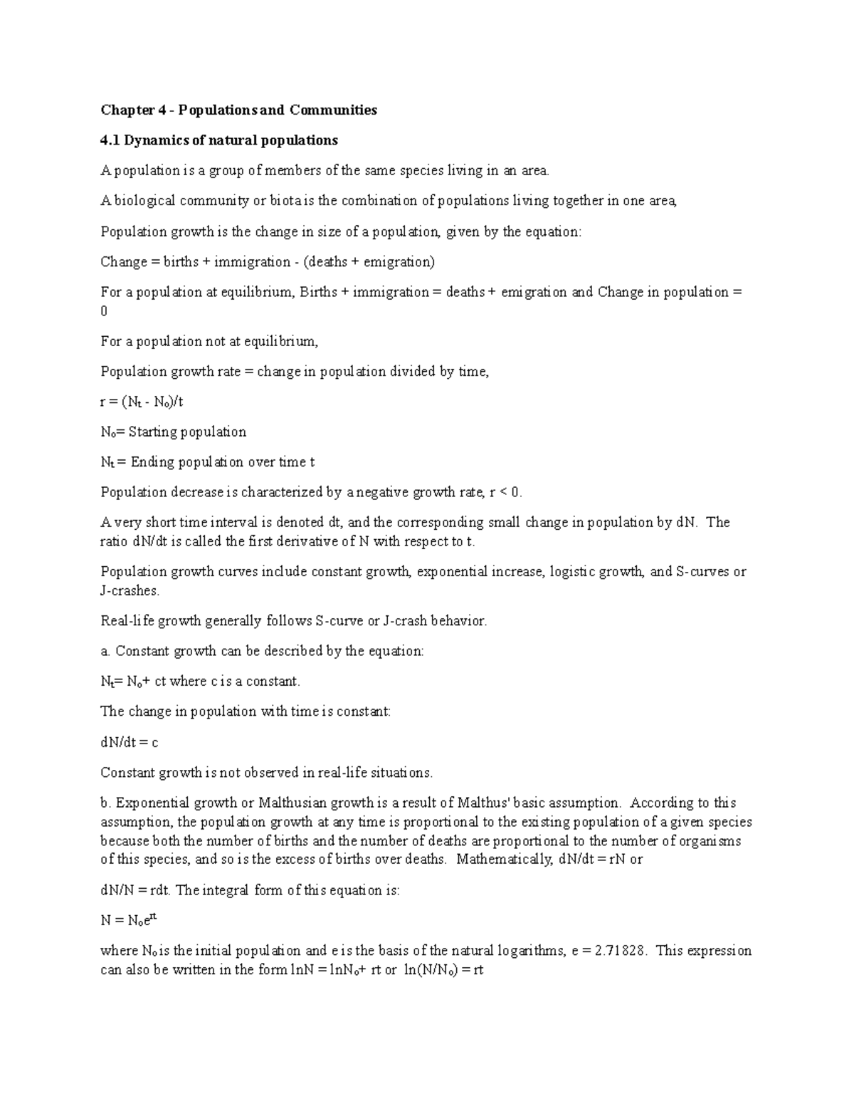 HSEV 101 - Chapter 4 - Notes - Chapter 4 - Populations and Communities ...