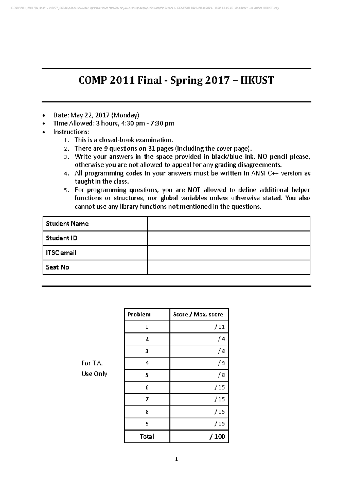 (COMP2011 )[2017 ](s)final~=cd827^ 56844 - For T. Use Only COMP 2011 Final - Spring 2017 – HKUST ...