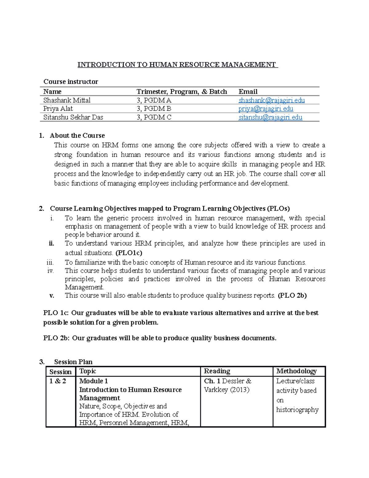HRM Course Plan PGDM T3 - INTRODUCTION TO HUMAN RESOURCE MANAGEMENT ...