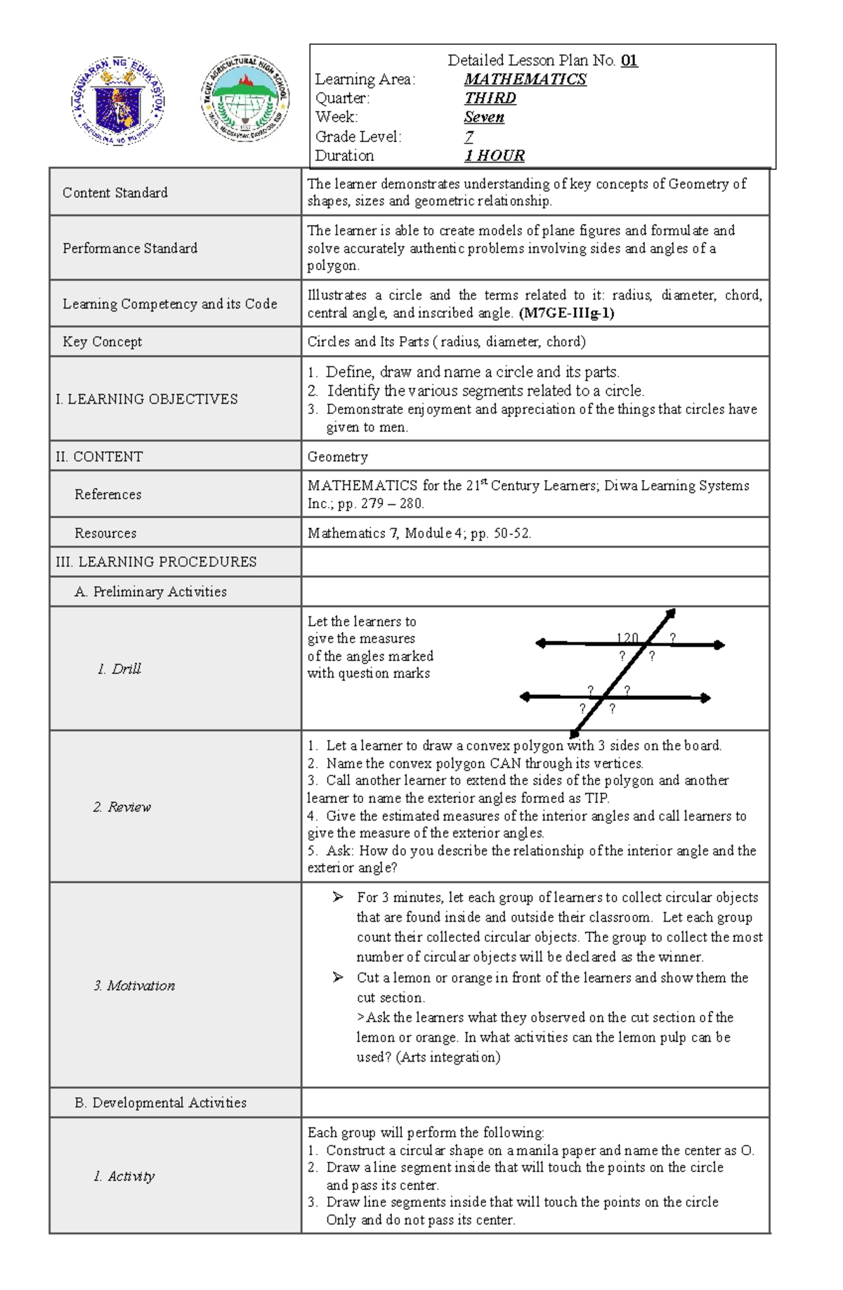 DLP IN MATH7 Q3-WEEK 7 - Content Standard The learner demonstrates ...