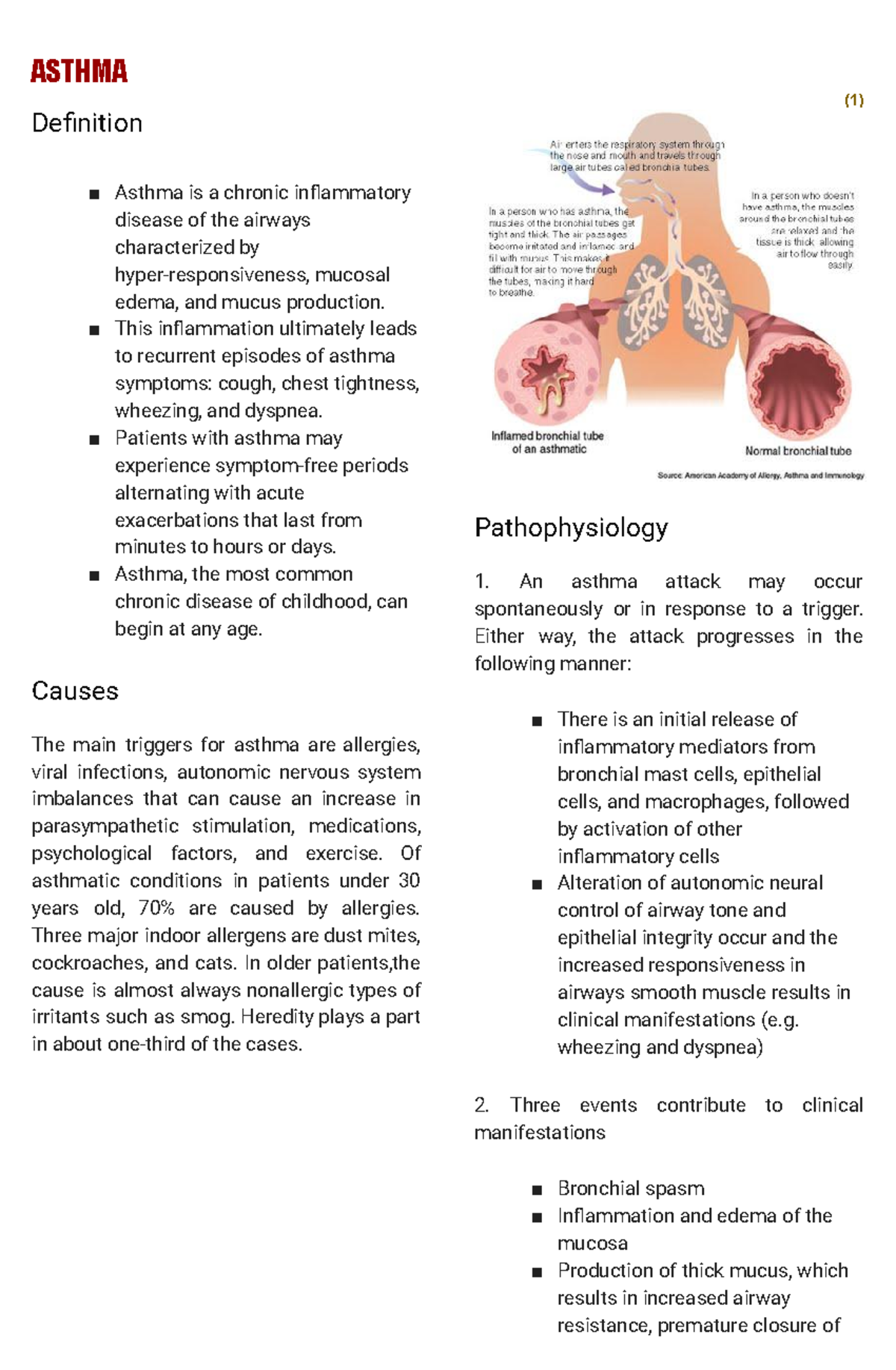 Asthma - notes from lecture - (1) Definition Asthma is a chronic ...