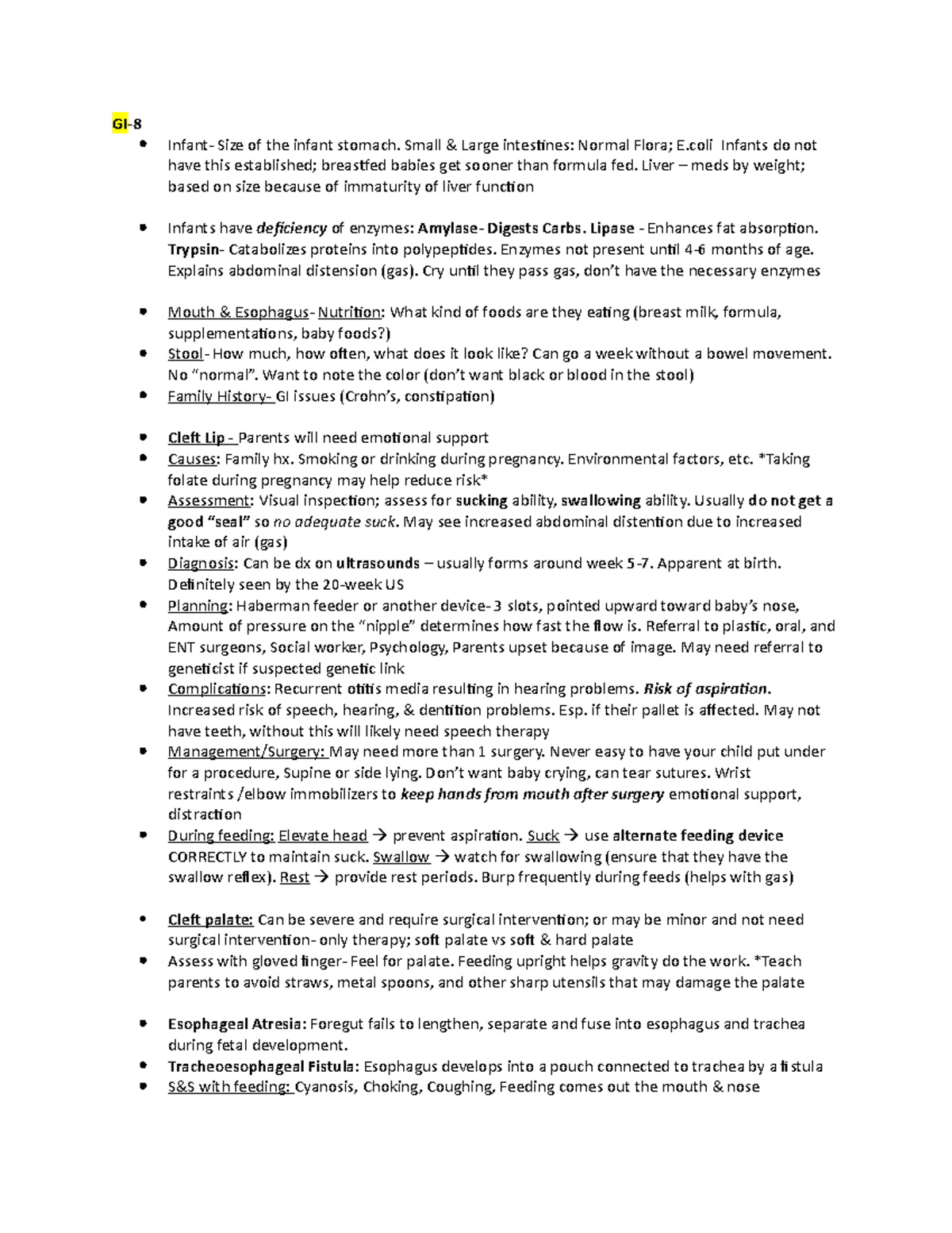 Peds 4 - Lecture notes best for exam prep and Nclex exam - GI- Infant ...
