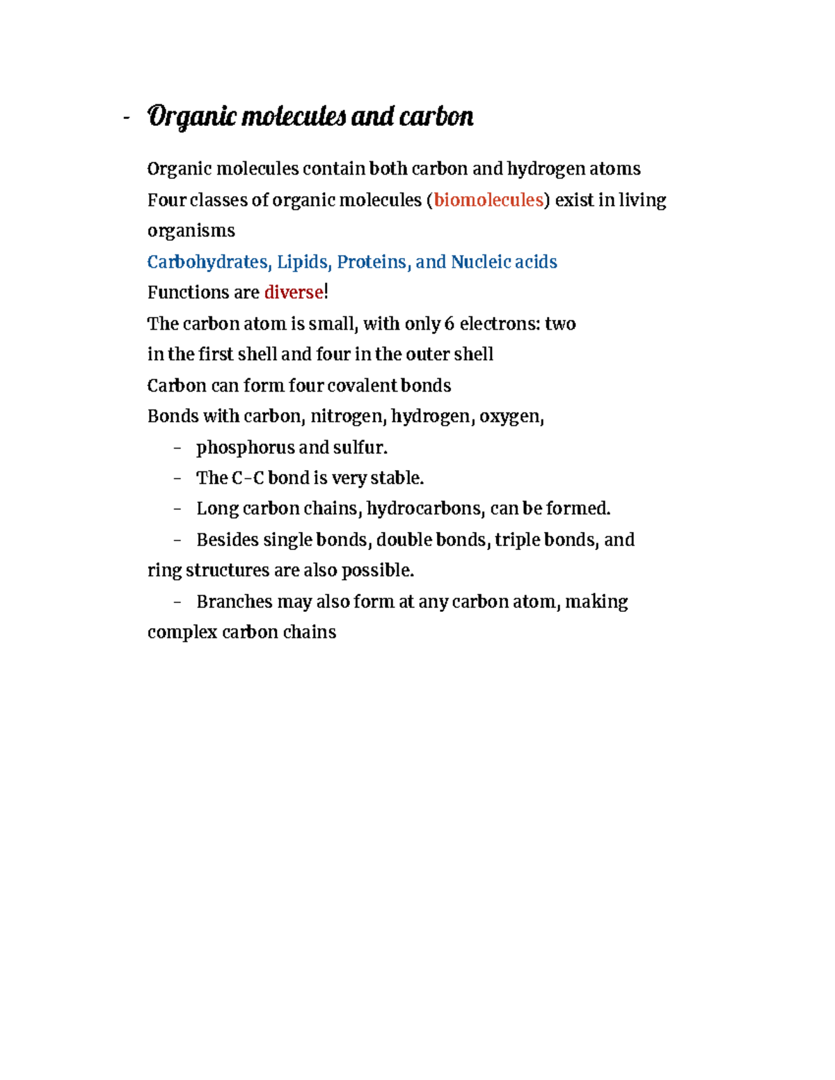 Bio ch. 3 exam study guide 3 - Organic molecules and carbon Organic ...