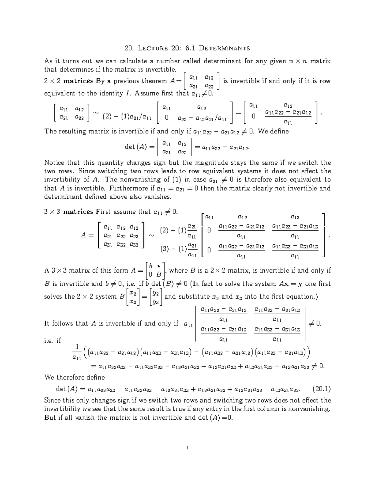 6.1. Determinants - linear algebra lecture note with Professor Lindblad ...