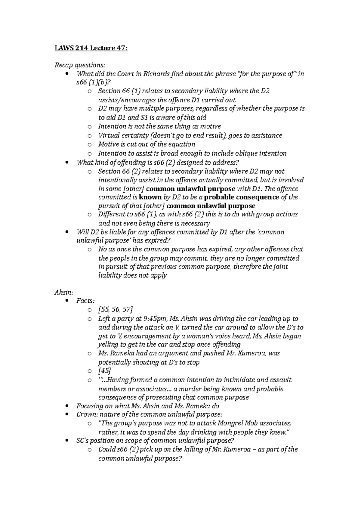 LAWS 214 Lecture 47 - LAWS 214 Lecture 47: Recap questions: What did the Court in Richards find ...