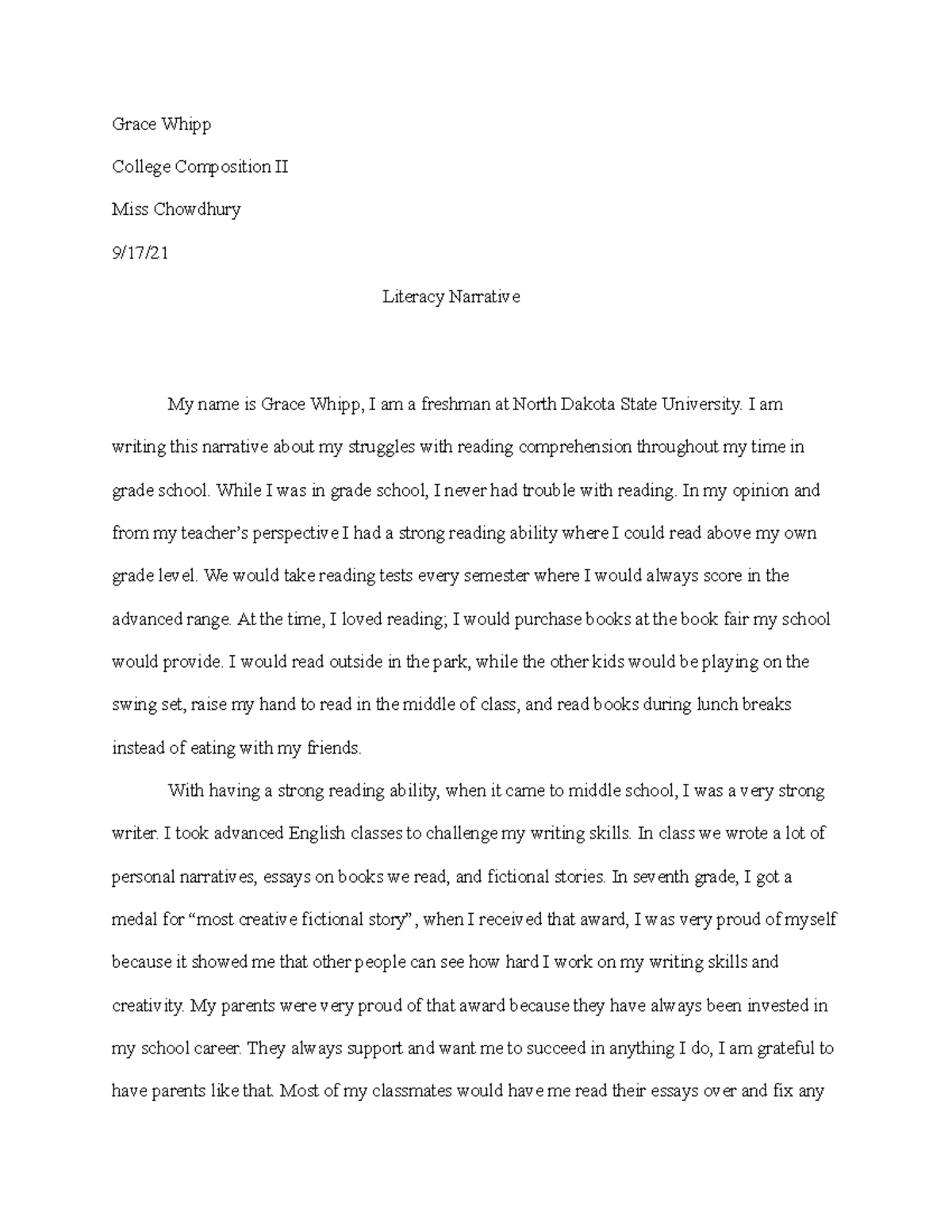 Literacy narrative - Grace Whipp College Composition II Miss Chowdhury ...