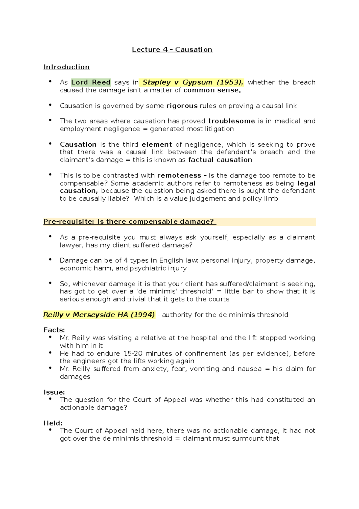 Lecture 4 - Causation - Lecture 4 – Causation Introduction As Lord Reed says in Stapley v Gypsum ...