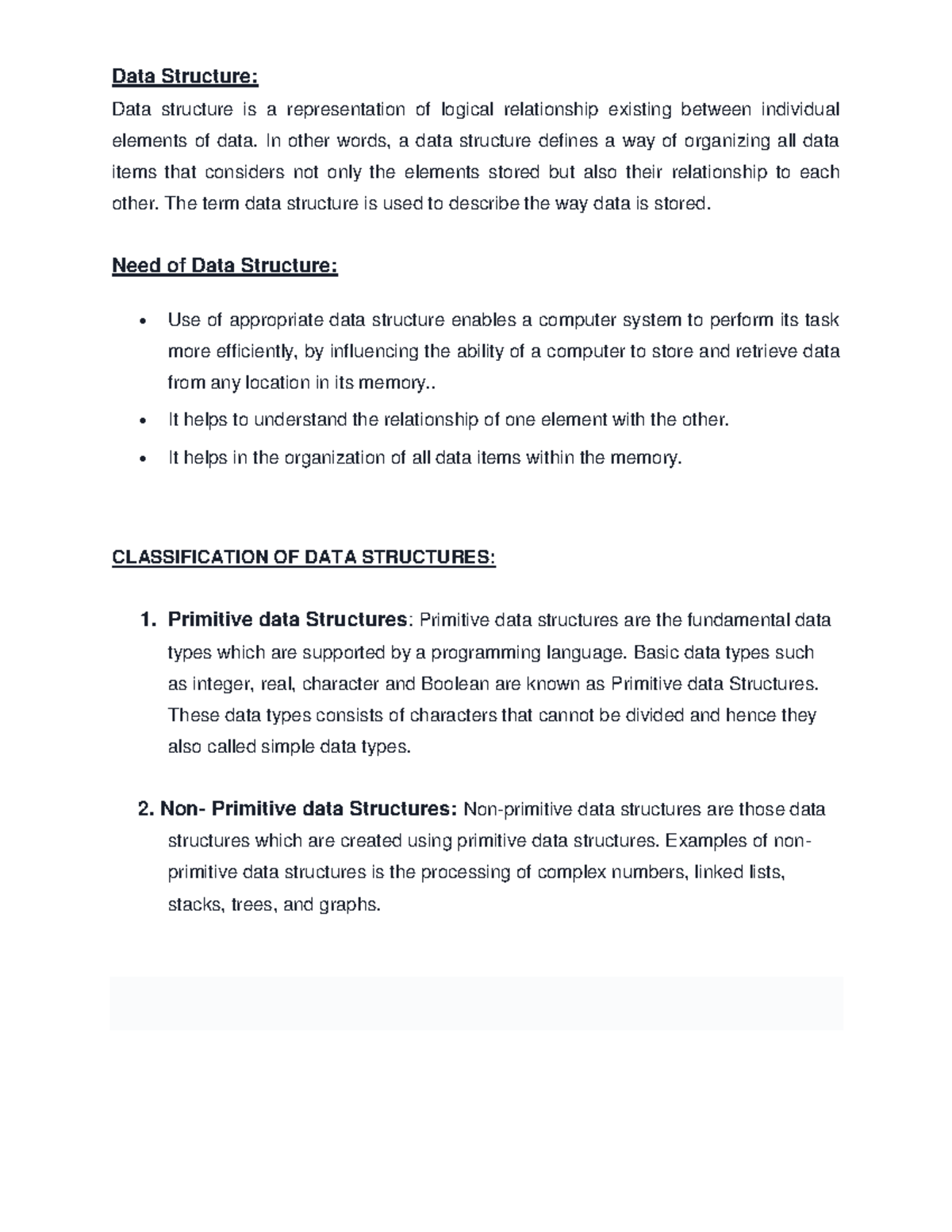 UNIT 1.1 Data Structure - Data Structure: Data structure is a ...