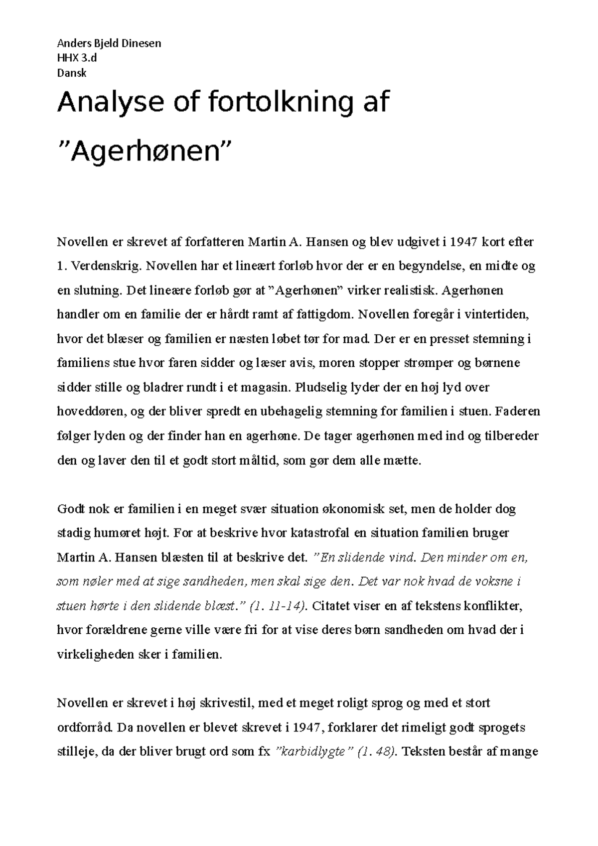 Agerhønen Af Martin A. Hansen - Dansk - Anders Bjeld Dinesen HHX 3 Dansk Analyse of fortolkning ...