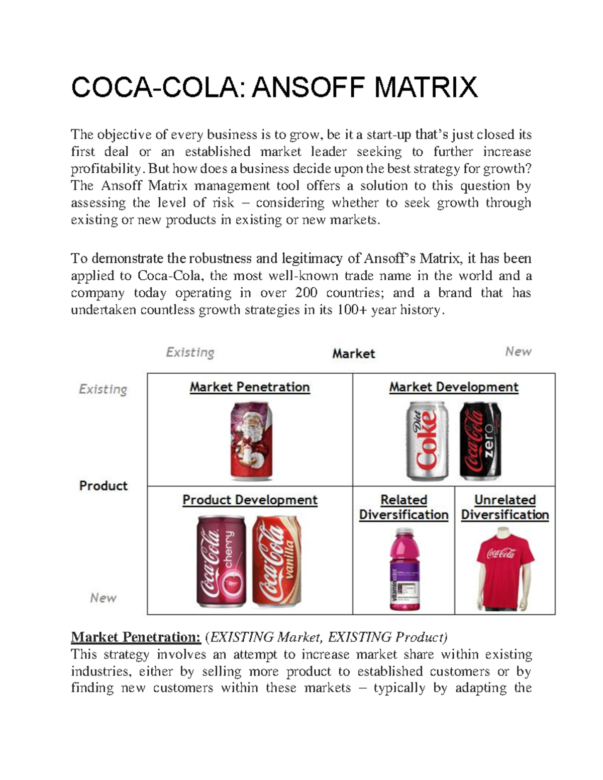 COCA-COLA Ansoff Matrix 082755 - COCA-COLA: ANSOFF MATRIX The objective ...